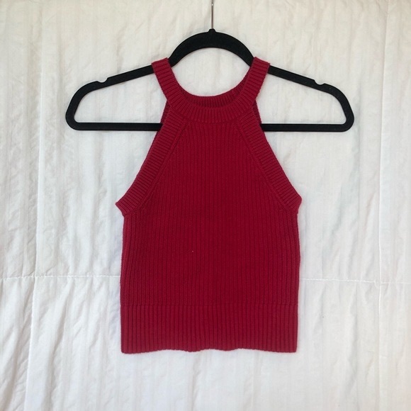 Express | Tops | Nwot Maroon Knit Crochet Fitted Ribbed Red High Neck ...